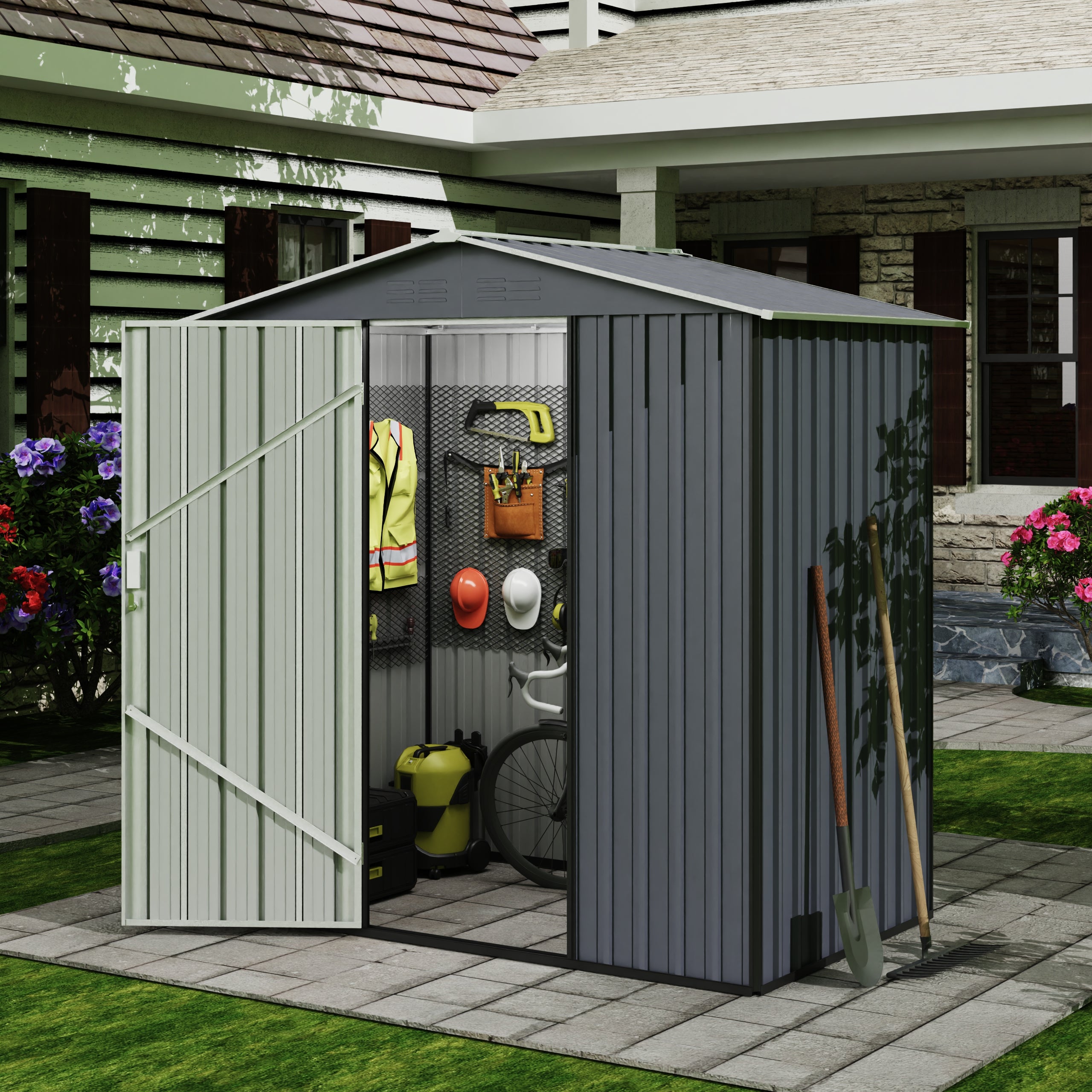 Goodyo 6 x4 Outdoor Storage Shed Waterproof Metal Tool Sheds w Lockable Door Sloping Roof and Vent for Backyard Garden Patio Lawn Gray